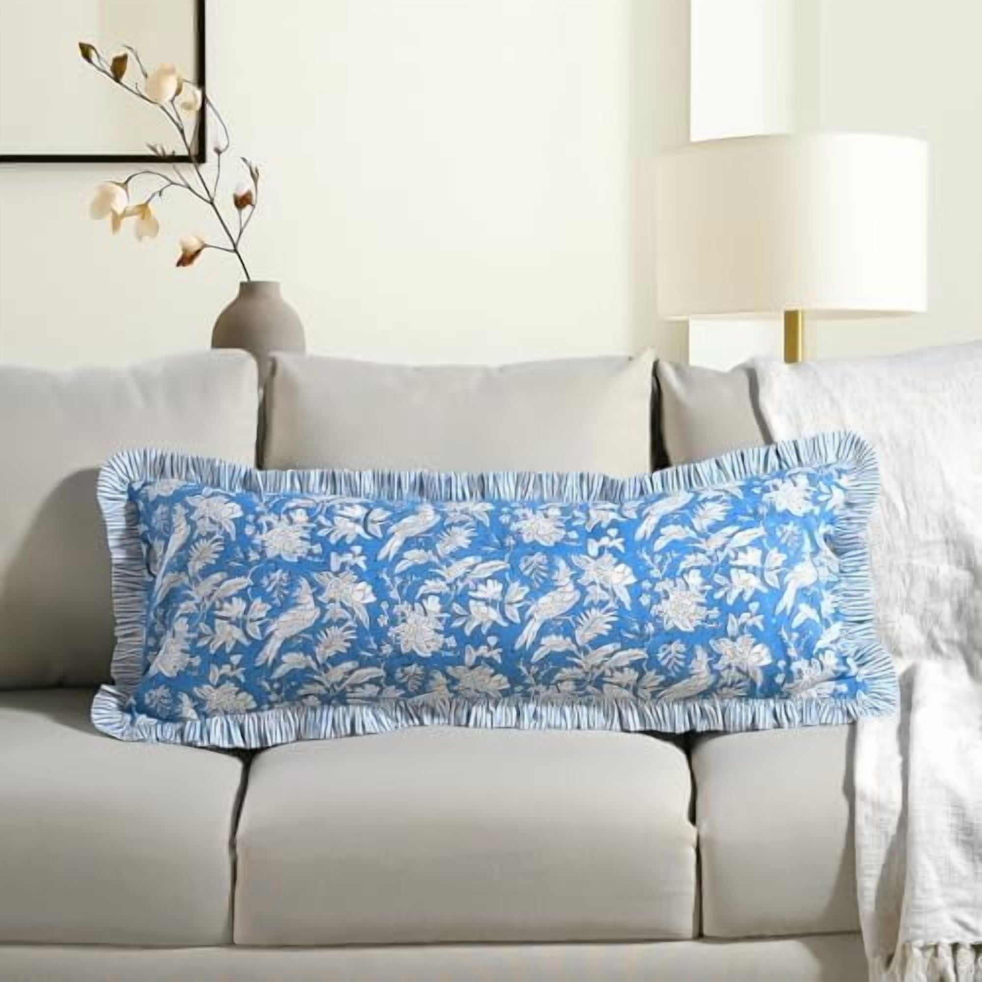 CPC Blue Sapphire 100% Cotton Block Print Ruffle Sham Cover 14X36 inch ...