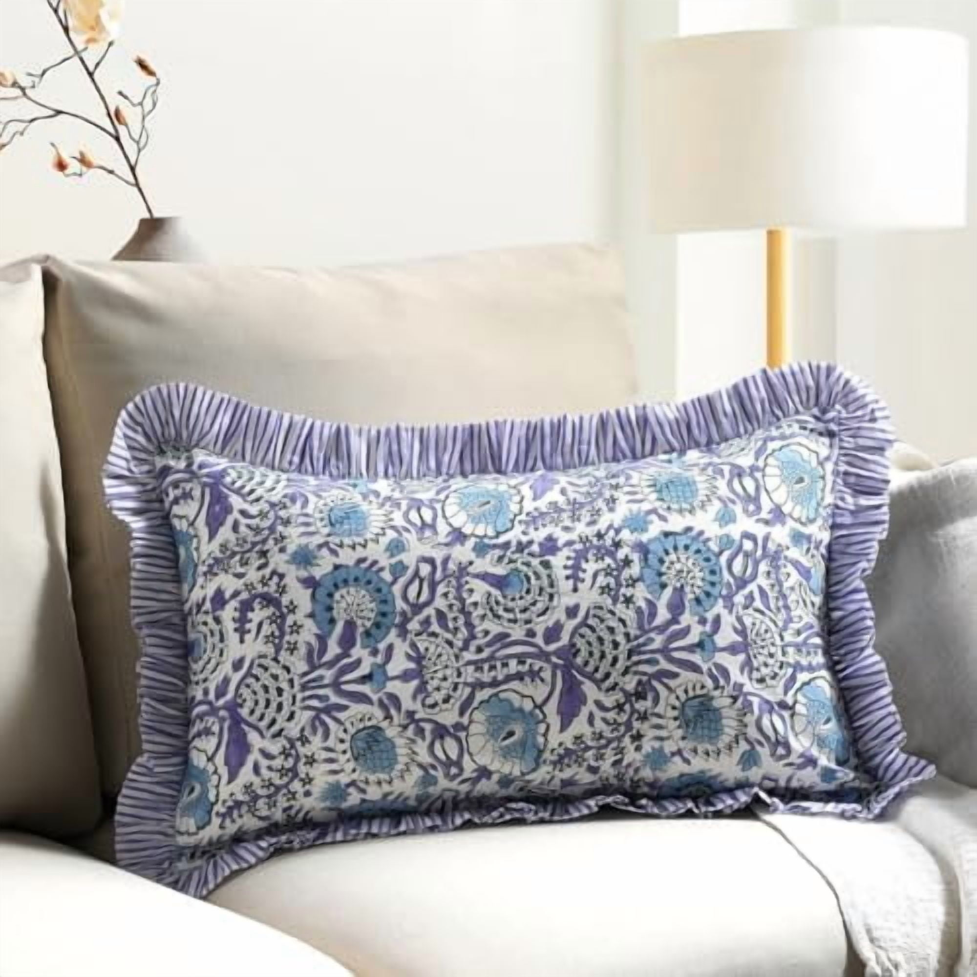 CPC Indigo Blue 100% Cotton Block Print Ruffle Sham Cover 12x20 inch ...