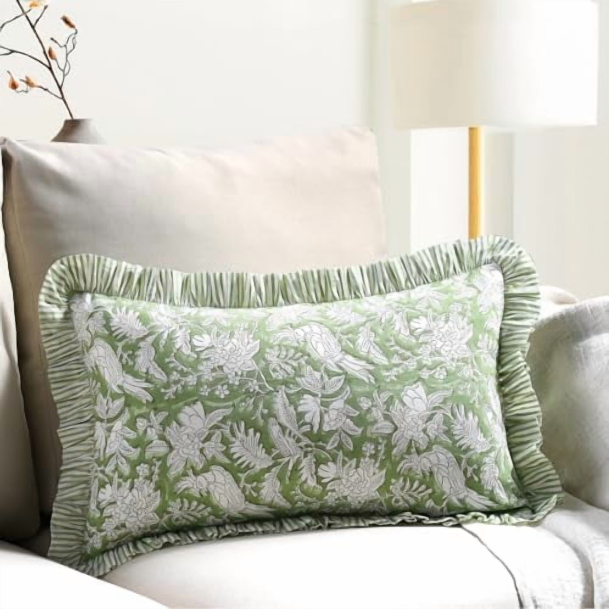 CPC Olive Green 100% Cotton Block Print Ruffle Sham Cover 12x20 inch ...