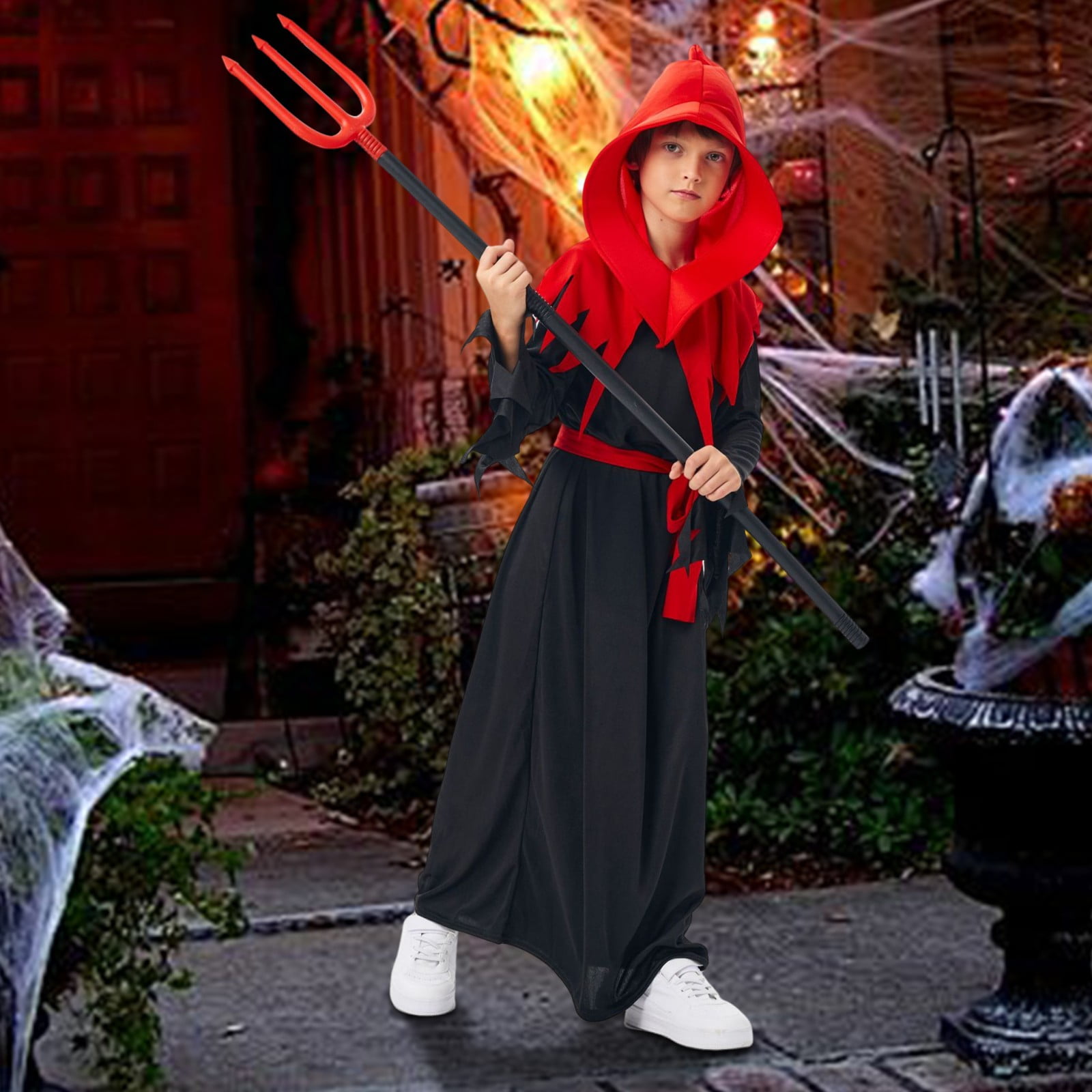 CPNG Boy's Red Devil Costume Set Angular Hooded Robe Tunic Halloween ...