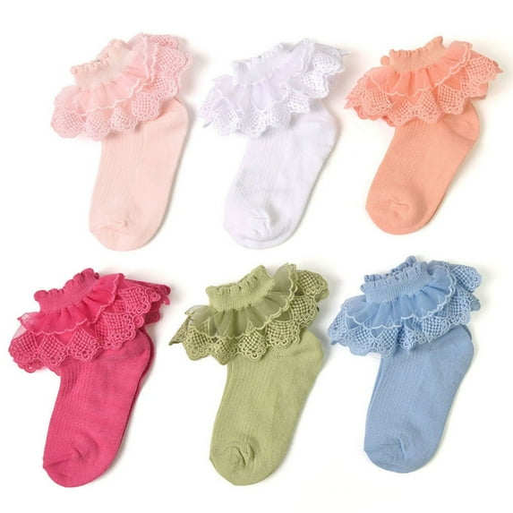 CPNG Girls 6 Pairs Ruffle Socks Double Lace Frilly Cozy Princess Style ...