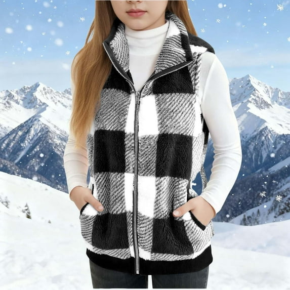 CPNG Girls Boys Flannel Plaid Vest Kids Fuzzy Fluffy Checkered Plaid ...