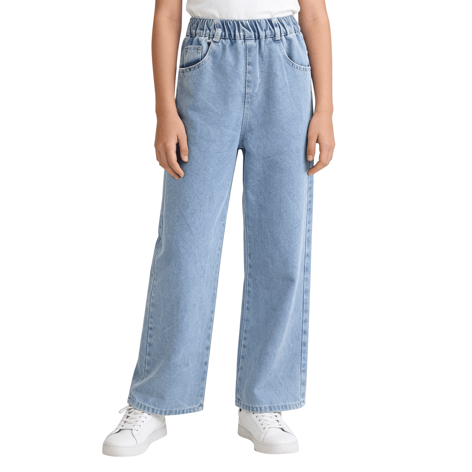 CPNG Girls Denim Pants Straight Wide Leg Elastic High Waist Denim ...