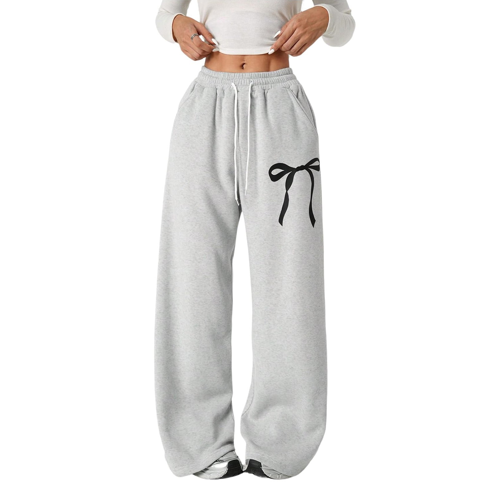 CPNG Girls Drawstring Straight Wide Leg Sweatpants Bow Print Sweat ...