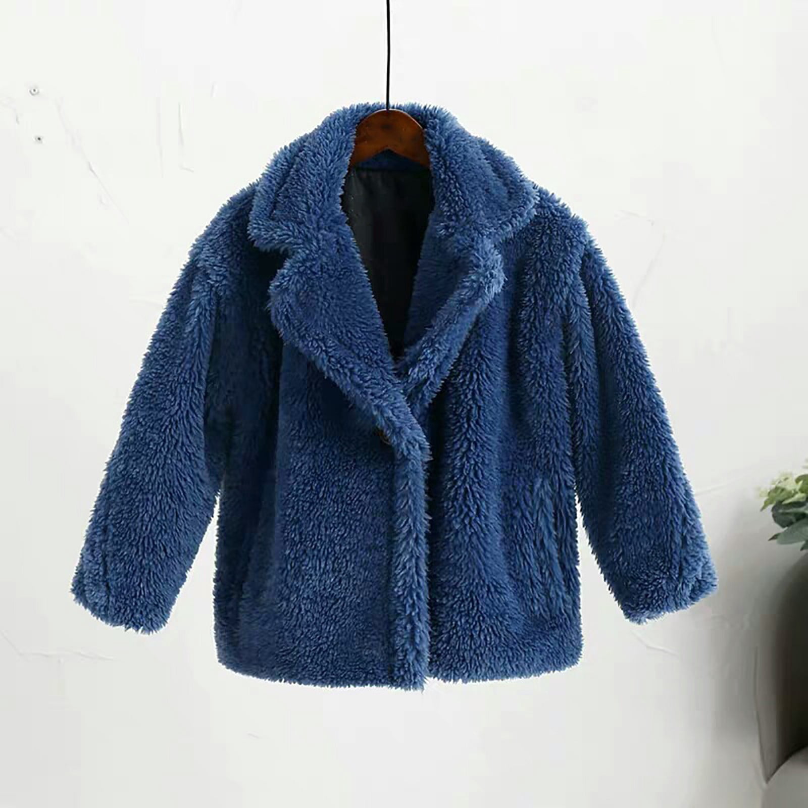 CPNG Girls Fuzzy Peacoat Plain Loose Solid Color Lapel Warm Faux Fur ...