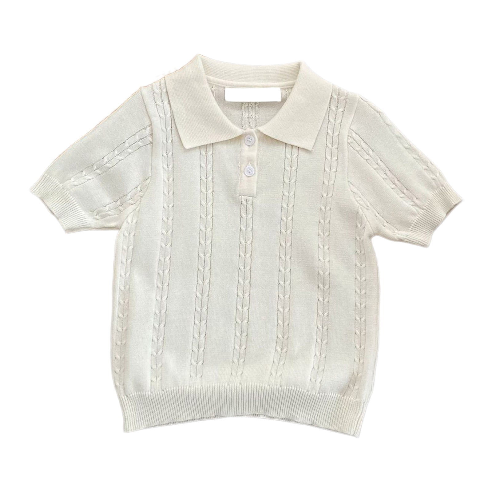 CPNG Girls Knit Shirt Solid Color Short Sleeve Collared Cable Knit ...