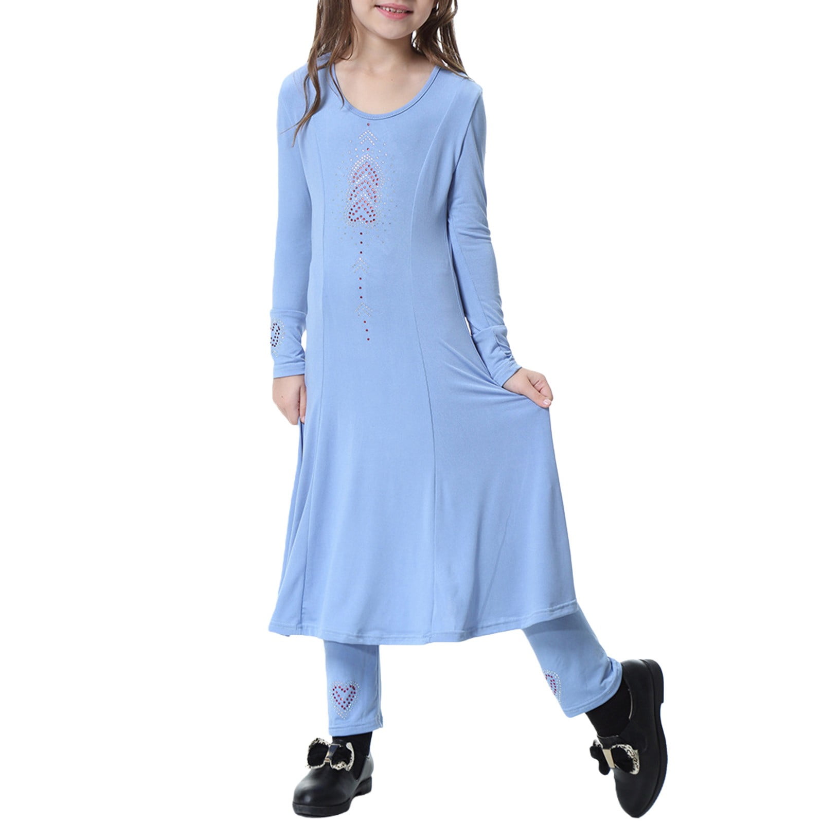 CPNG Girls' Muslim 2-Piece Dress Set - Long Sleeve Midi Dress with ...