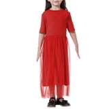 CPNG Girls' Muslim Midi Dress - Short-Sleeve Design with Tulle Overlay ...