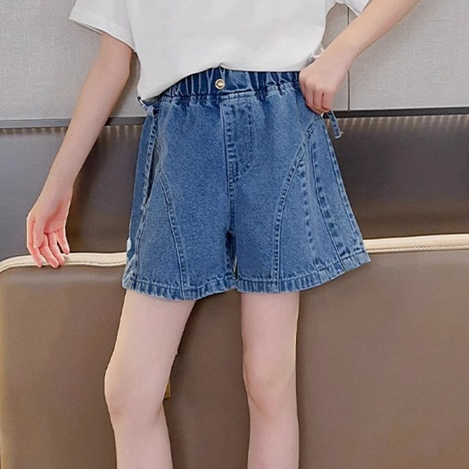CPNG Girls Raw Hem Vintage Knee Length Cute Short Denim Shorts Elastic ...