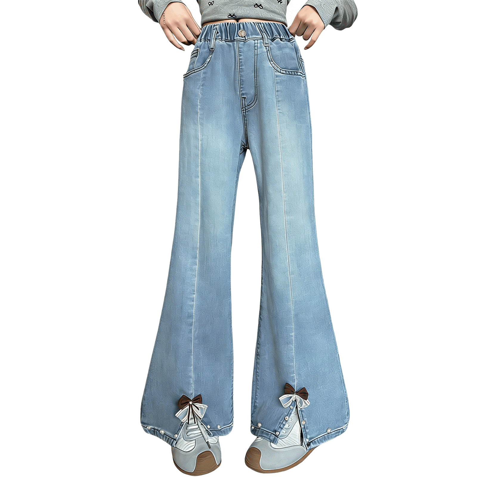 CPNG Girls Retro Denim Bell Bottom Pants Slim Fit Split Hem Jeans ...