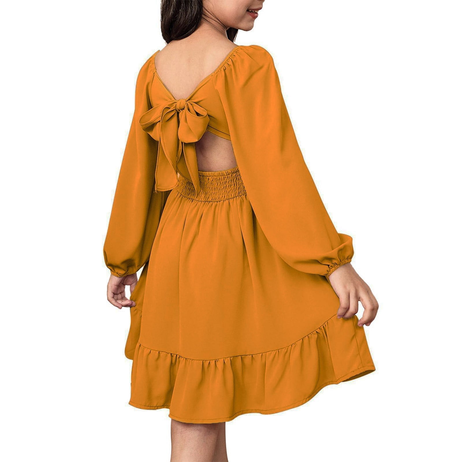 CPNG Girls Retro Dresses Summer Solid Color Lantern Long Sleeve Square ...