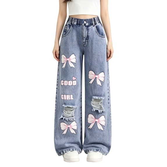 CPNG Girls Ripped Denim Pants Straight Wide Leg Elastic High Waist ...