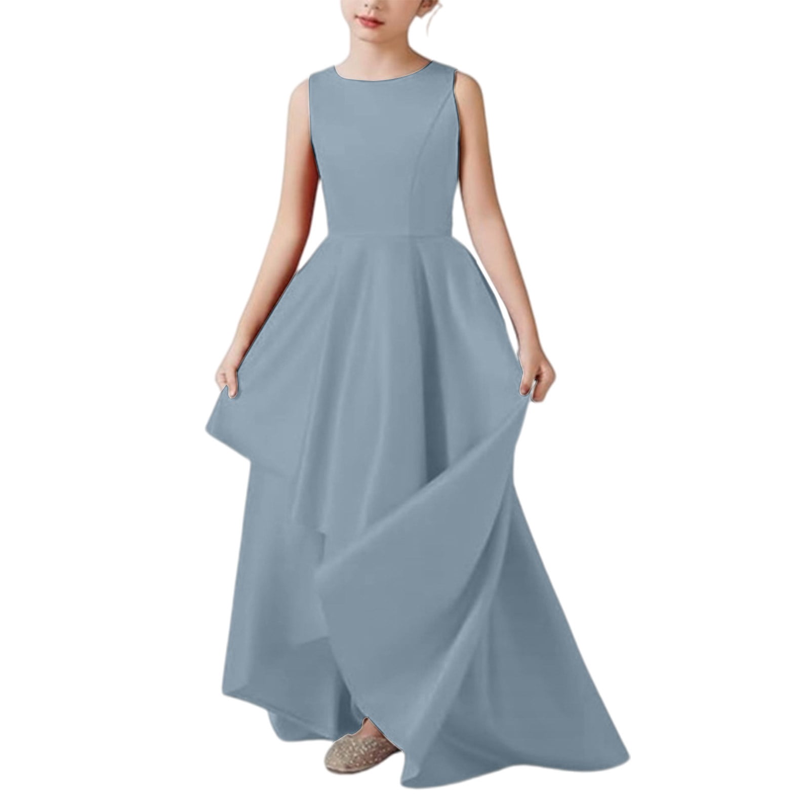 CPNG Girls Satin High-Low Irregular Formal Gown Dress Sleeveless Crew ...