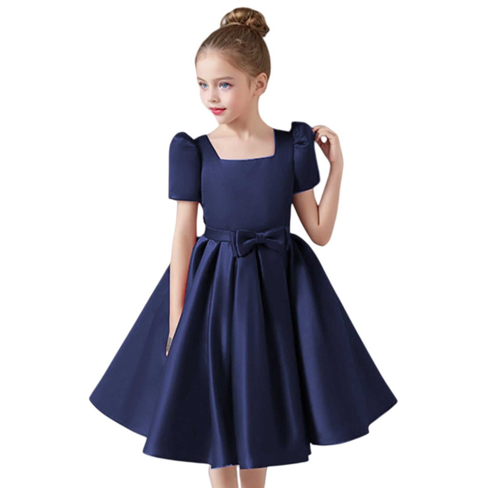 CPNG Girls' Short Puff Sleeve Satin Dress – Square Neckline, Waist Bow ...