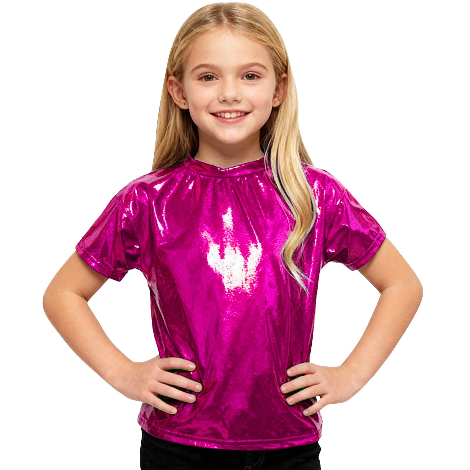 CPNG Girls Sparkly T Shirt Teen Girls Shiny Solid Color Crew Neck Short ...