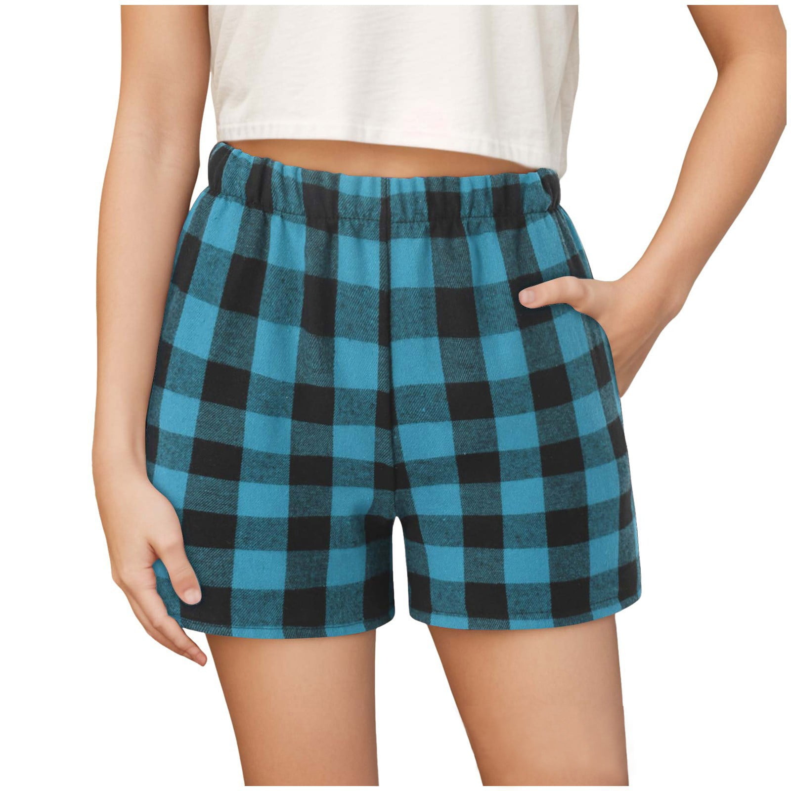CPNG Girls Sports Shorts High Waisted Elastic Waist Cotton Grid Short ...