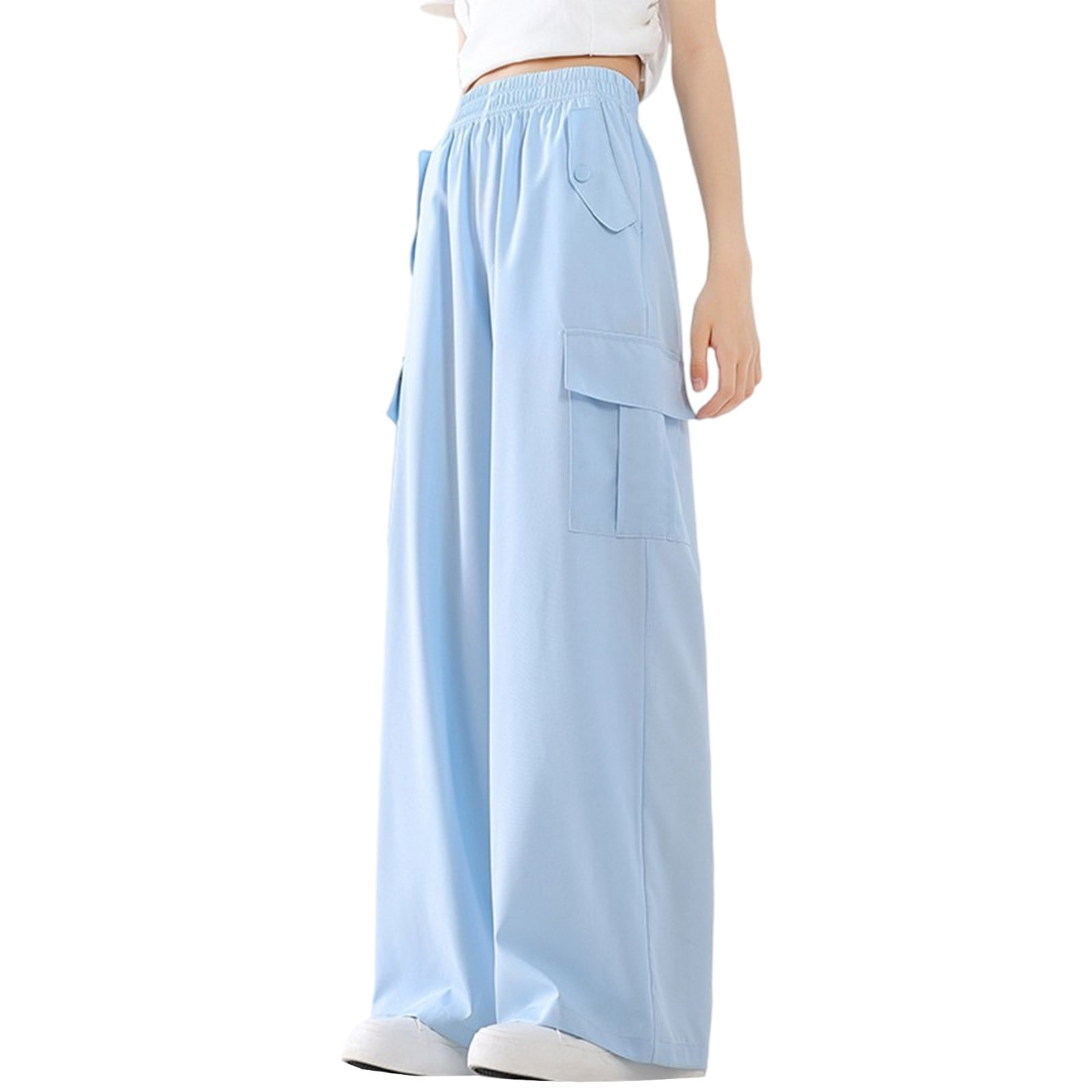 CPNG Girls' Summer Thin Cargo Pants Elastic Waist Wide Leg Baggy Casual ...