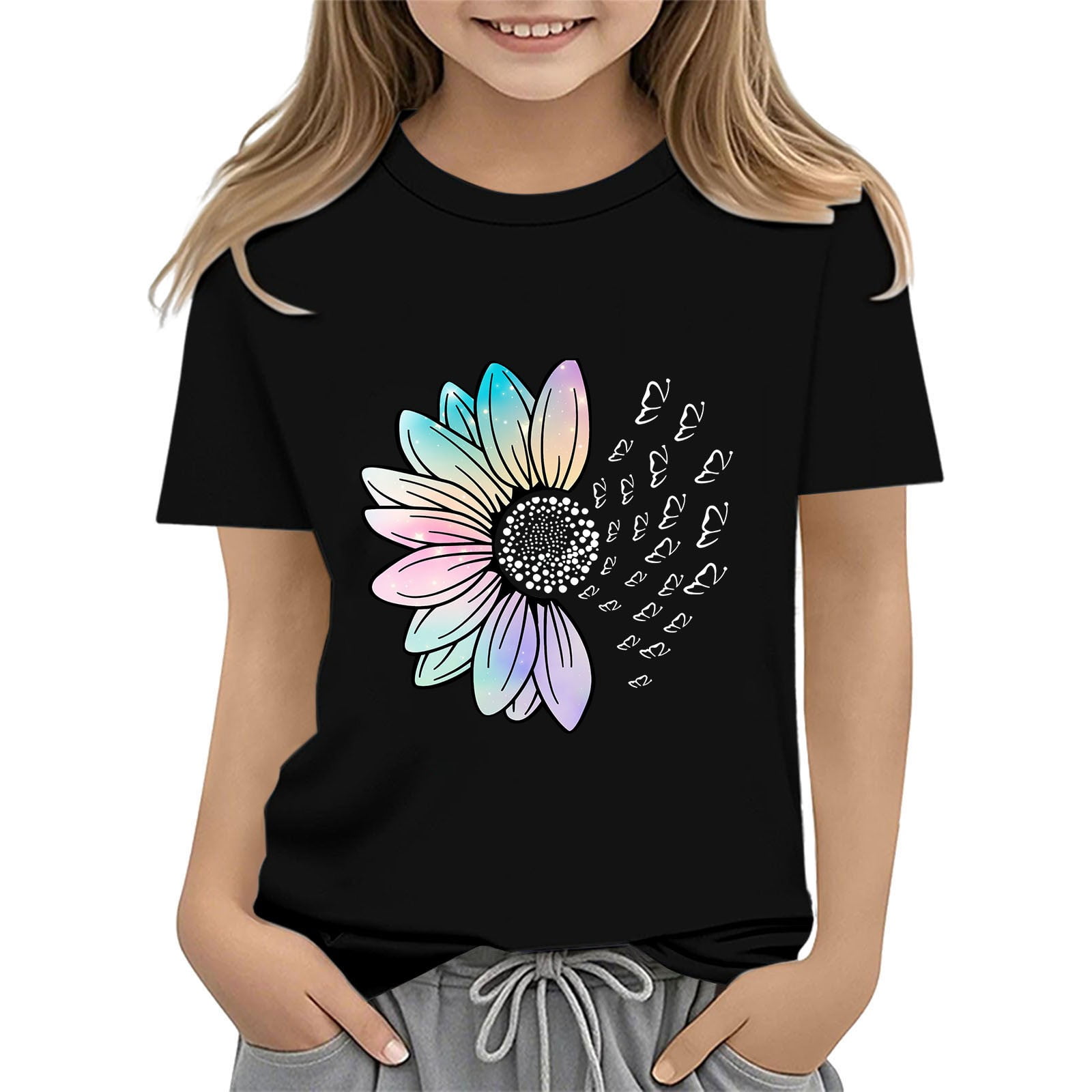 CPNG Girls Sunflower Shirts Cute Summer Crew Neck T-Shirt Floral ...