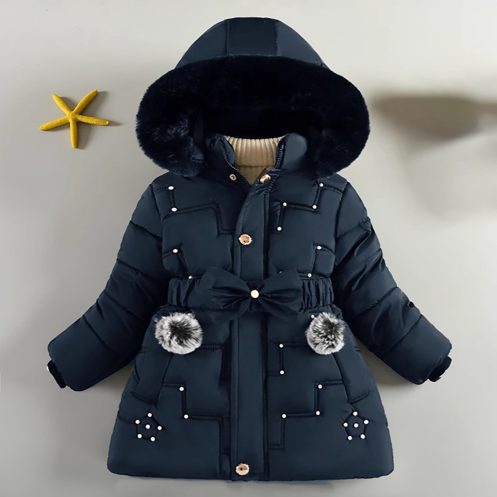CPNG Kid Girls Faux Fur Hooded Fleece Lining Coat with Belt Cute Pearl ...
