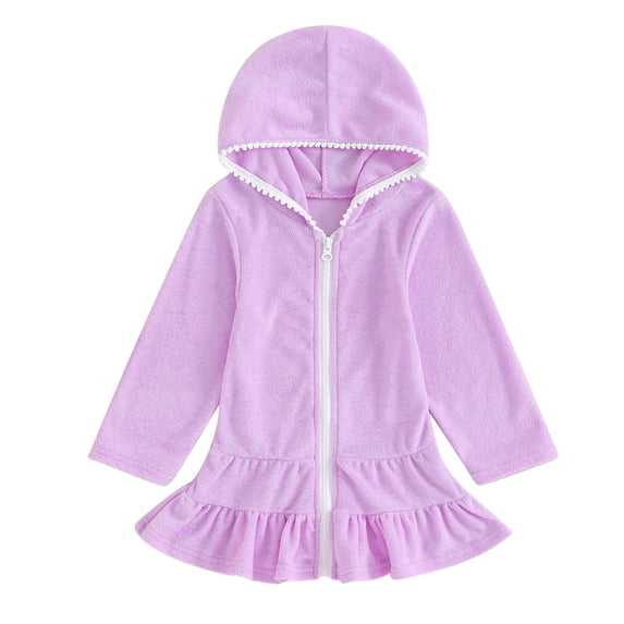 CPNG Kid Girls Swim Cover Up Solid Color Hooded Zip-Up Terry Swimsuit ...
