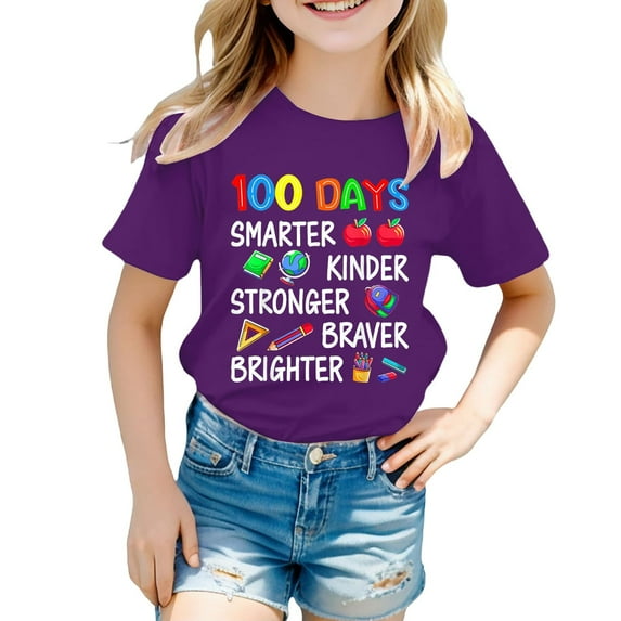CPNG Kids' 100 Days of School Milestone T-Shirt - "100 Days Smarter Kinder Stronger Braver ...