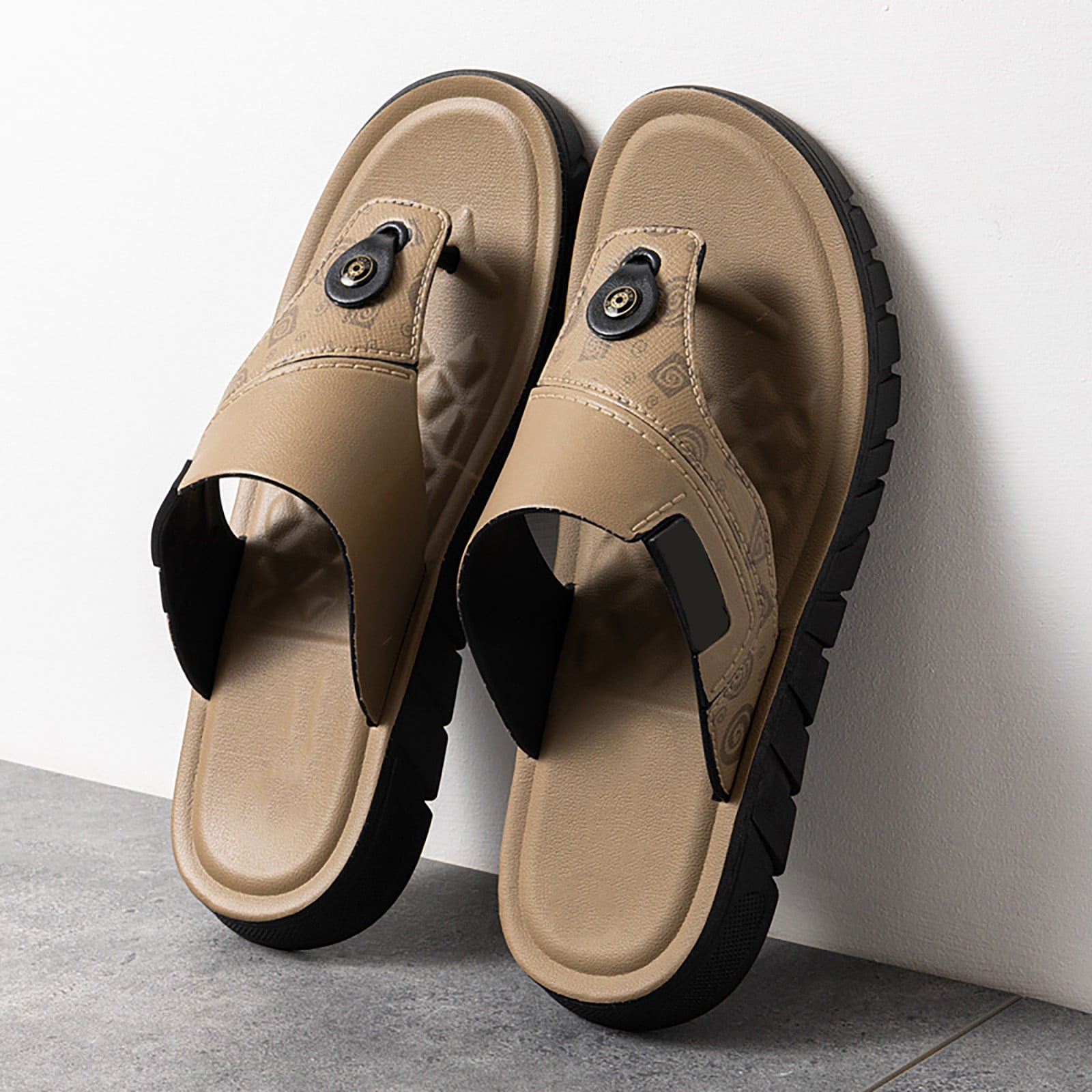 CPNG Men's Orthopedic Flip Flops Leather Slippers Beach Shoes with ...