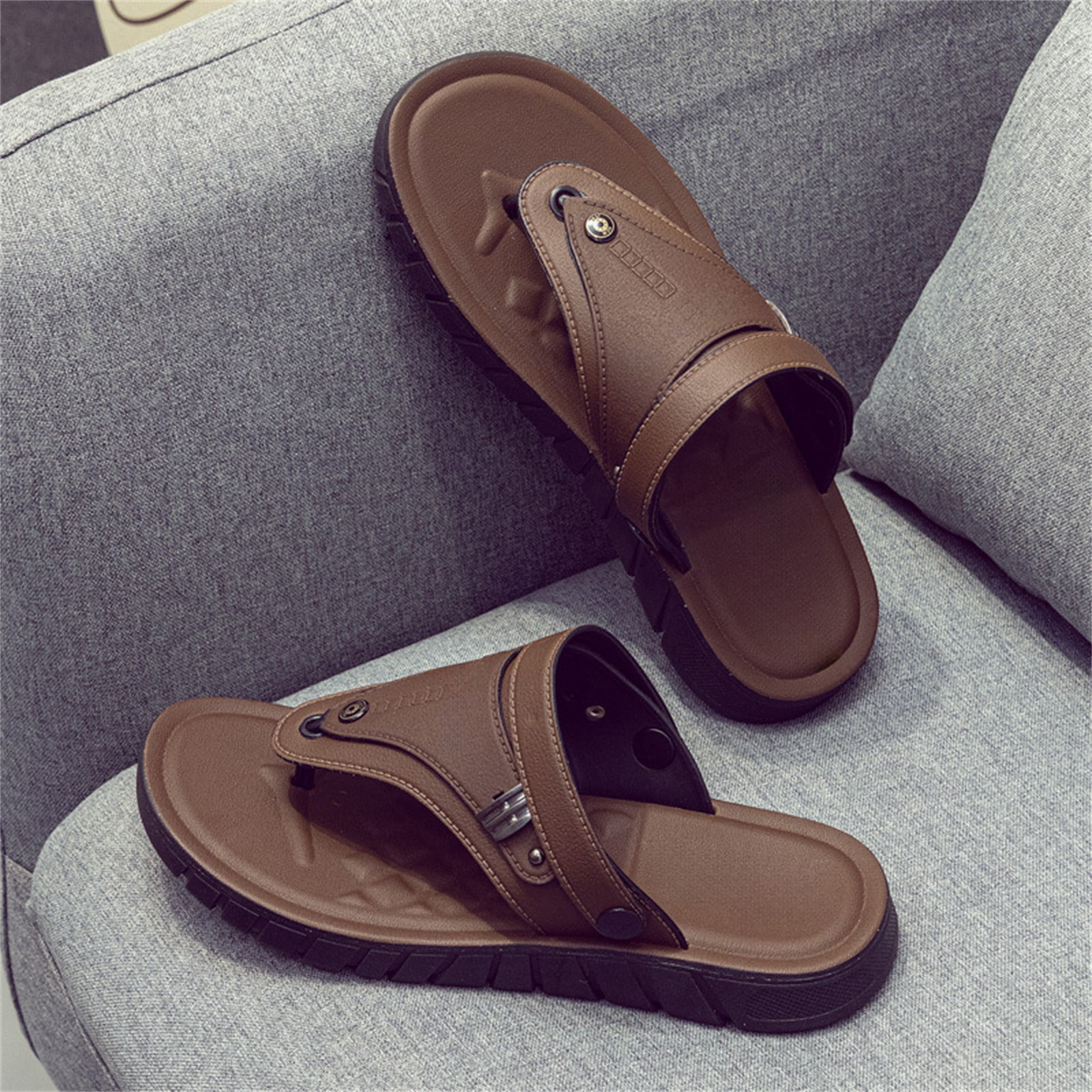 CPNG Men's Orthopedic Flip flops Leather Slippers Beach Shoes Slip on ...