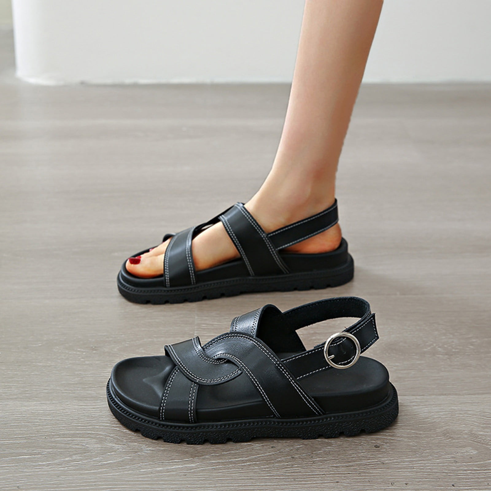 CPNG Round Open Toe Platform Roman Sandals for Women Adjustable Buckle ...