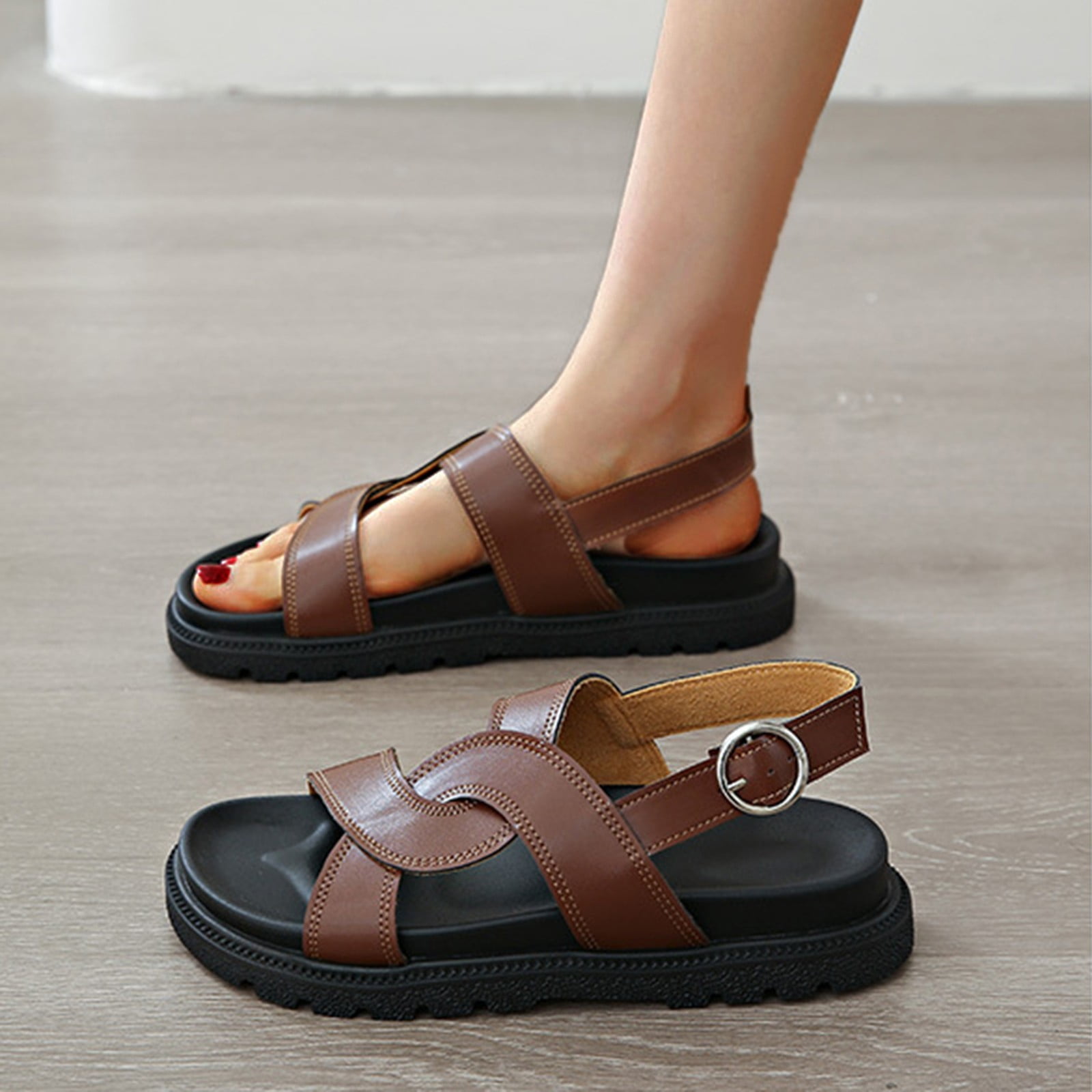 CPNG Round Open Toe Platform Roman Sandals for Women Adjustable Buckle ...