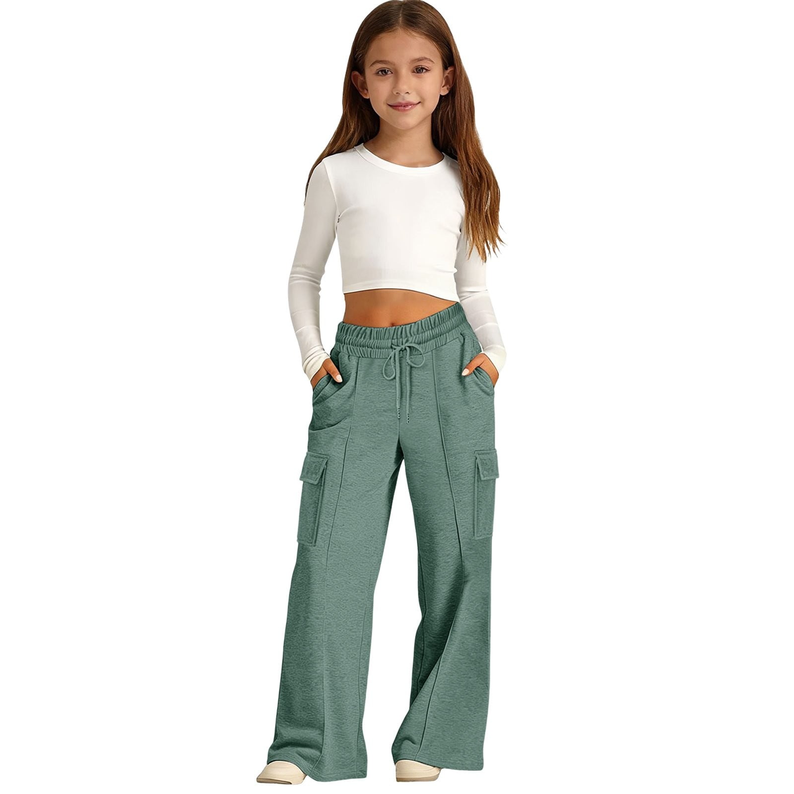 CPNG Teen Girls' Cargo Pants Straight High Waist Elastic Waist Solid ...