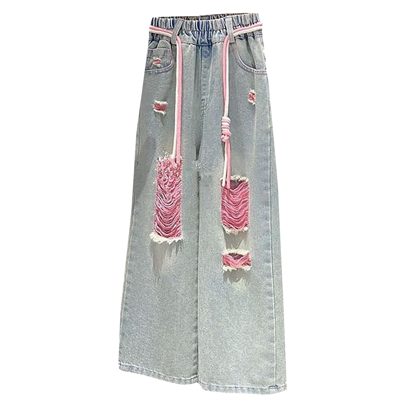 CPNG Teen Girls Colorful Baggy Leg Wide Leg Ripped Jeans Trendy Loose ...