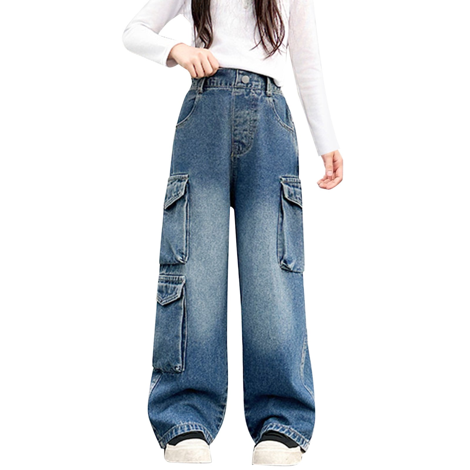CPNG Teen Girls Solid Color Baggy Leg Wide Leg Denim Pants Trendy Loose ...