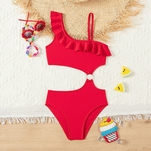 CPNG Toddler Girl 2-Piece Cutout Swimsuit Set – Asymmetrical Ruffled ...