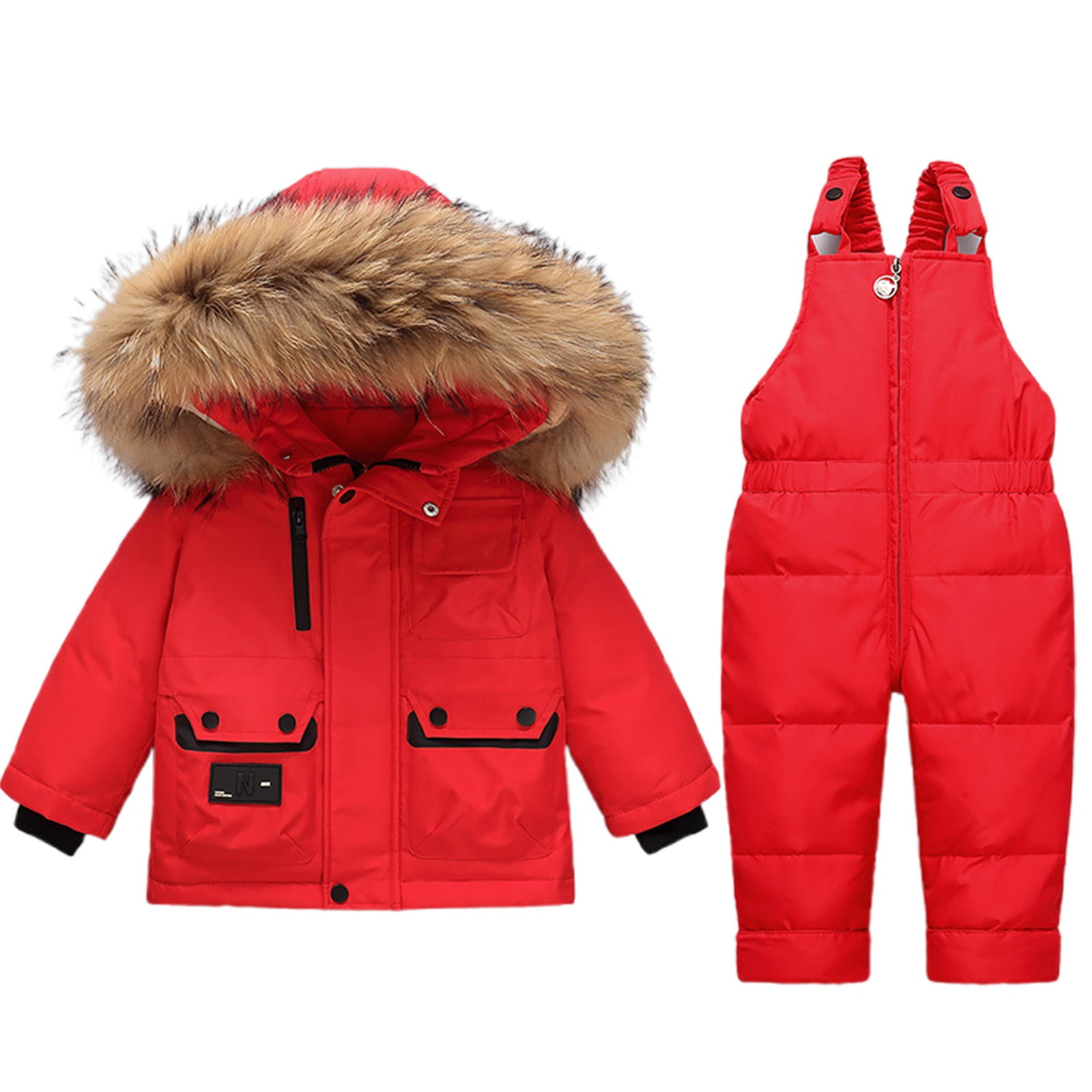 CPNG Toddler Girl 2-Piece Snowsuit Kids Multi-Pocket Fur Down Parka ...