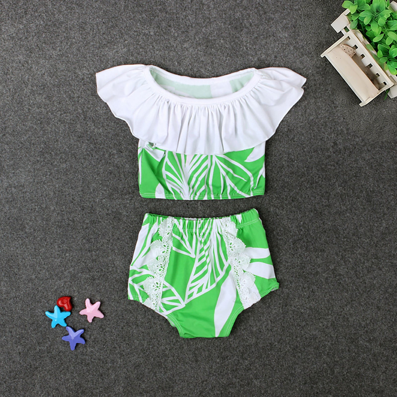 CPNG Toddler Girl 2-Piece Tropical Palm Leaf Swimsuit Set – Ruffled Off ...