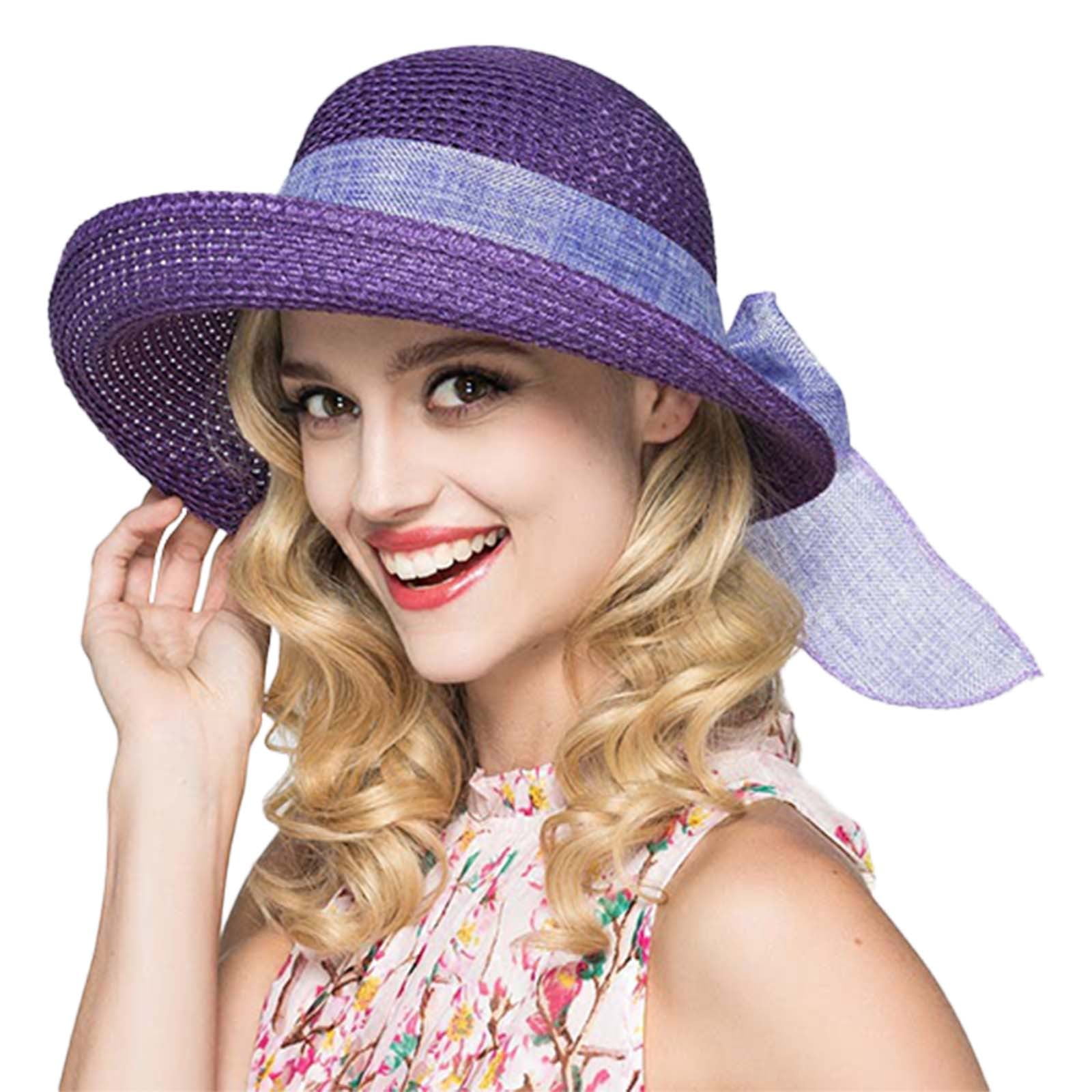 CPNG Women Bowknot Straw Sun Hats Wide Brim Ribbons Roll Up Bucket UPF ...