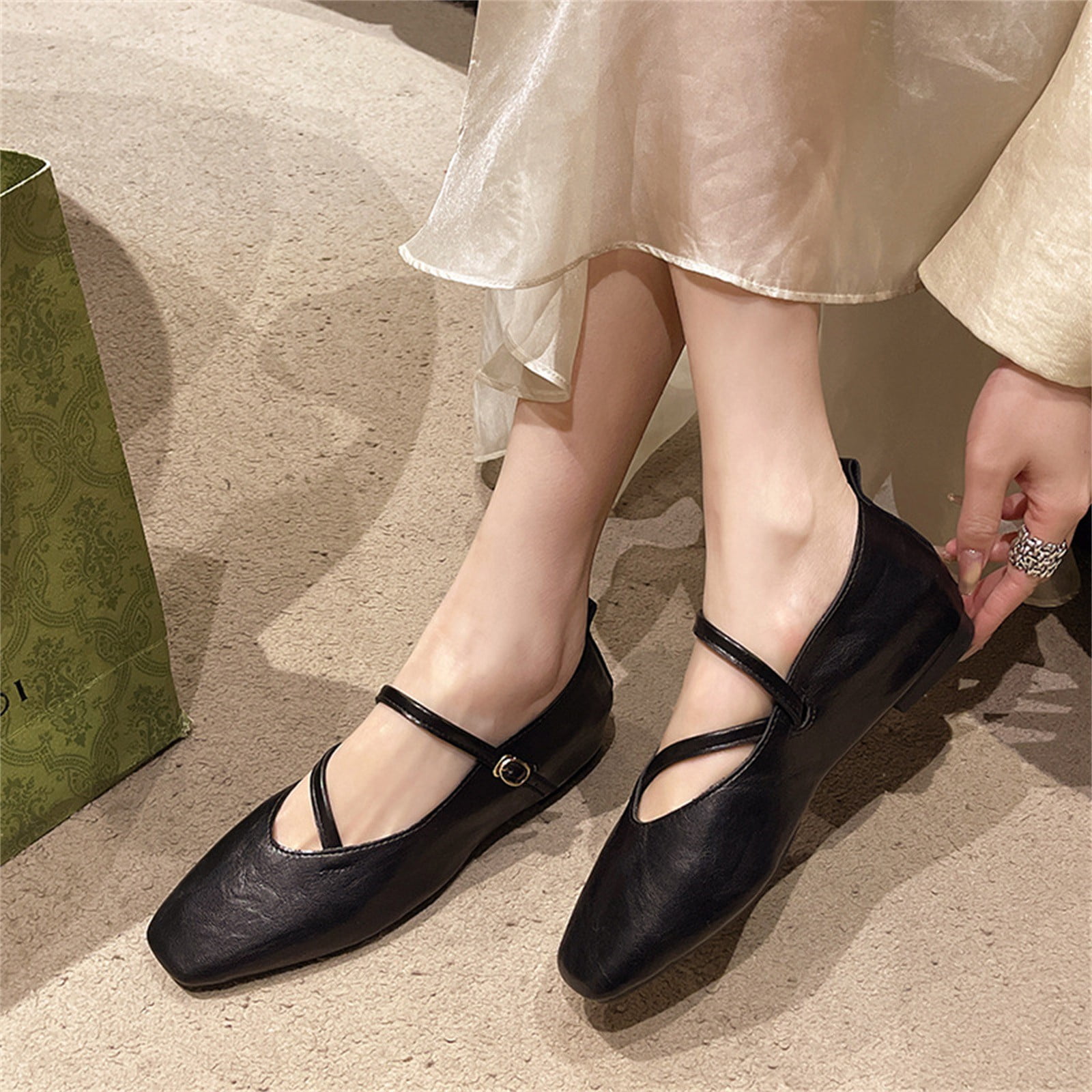 CPNG Women's Genuine Leather Soft Retro Square Toe Low Heel Mary Jane ...