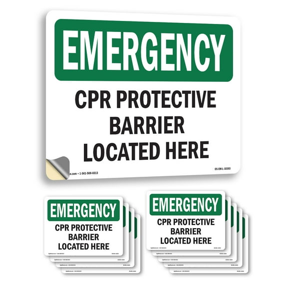 CPR Protective Barrier Located Here OSHA Emergency Vinyl Decal Label 10 ...