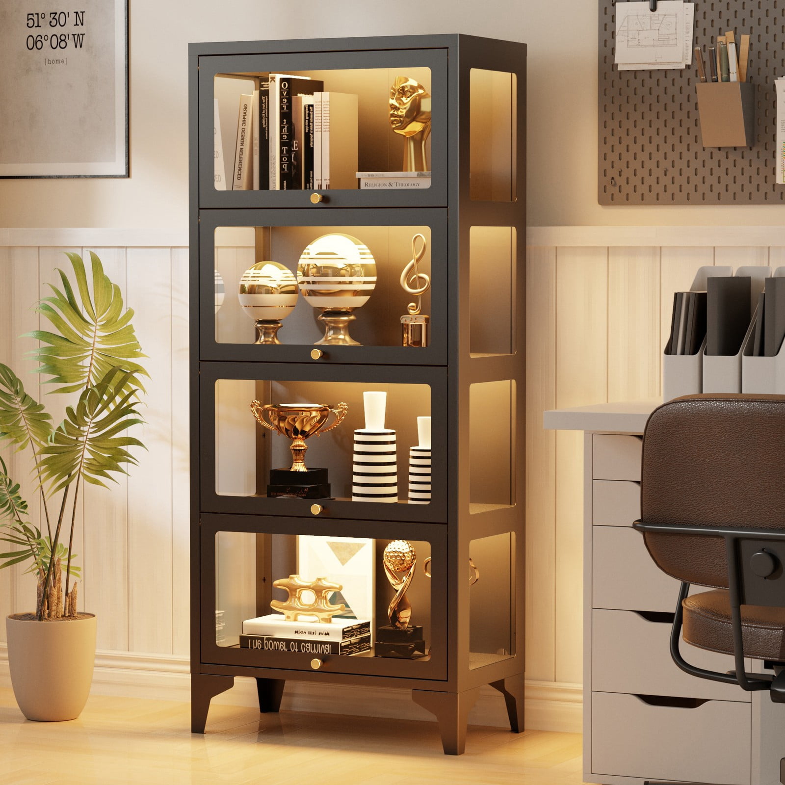 CQAOE Glass Display Cabinet 4-Tier with RGB Lights, Flip-Up Doors Curio ...