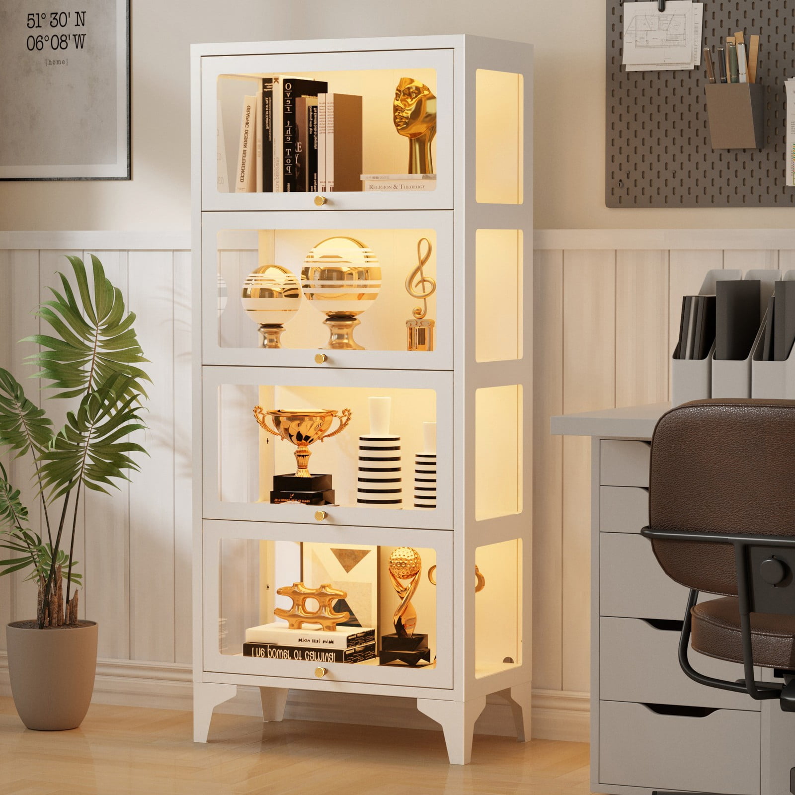 CQAOE Glass Display Cabinet 4-Tier with RGB Lights, Flip-Up Doors Curio ...