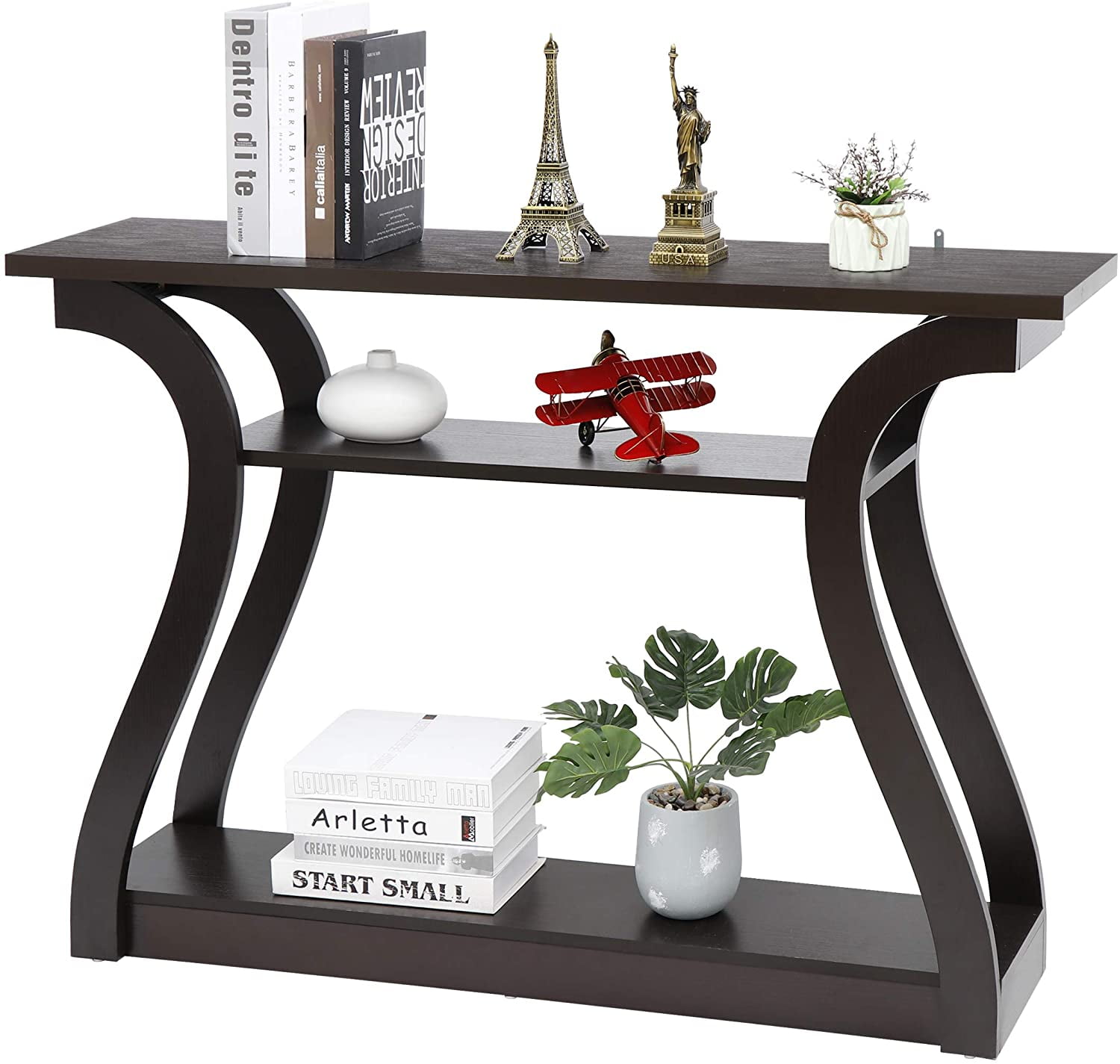 CQAOE Wood Console Table with Curved Legs and Shelf, 3 Tier Modern ...