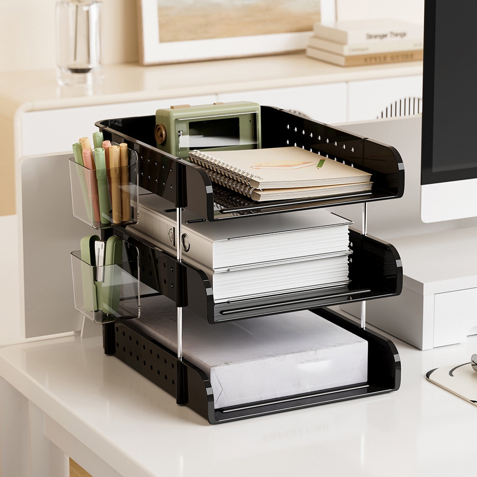 CQCYD under $5 3 Tier Acrylic Paper Tray Organizer with Pen Holder, Clear Stackable Desktop ...