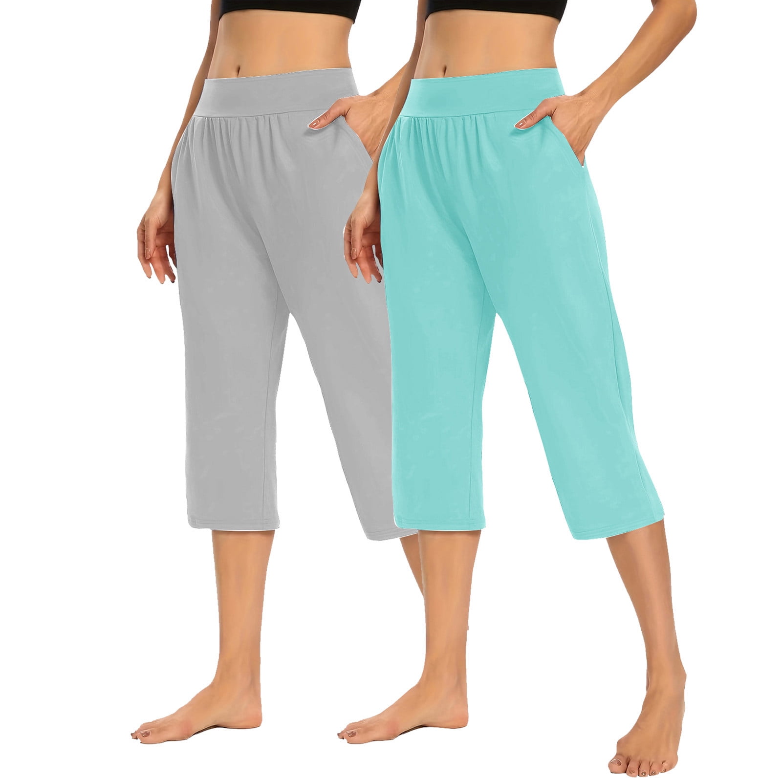 CQONEPT 2 Pack Capris Pants for Womens Casual Loose Yoga Pants with ...