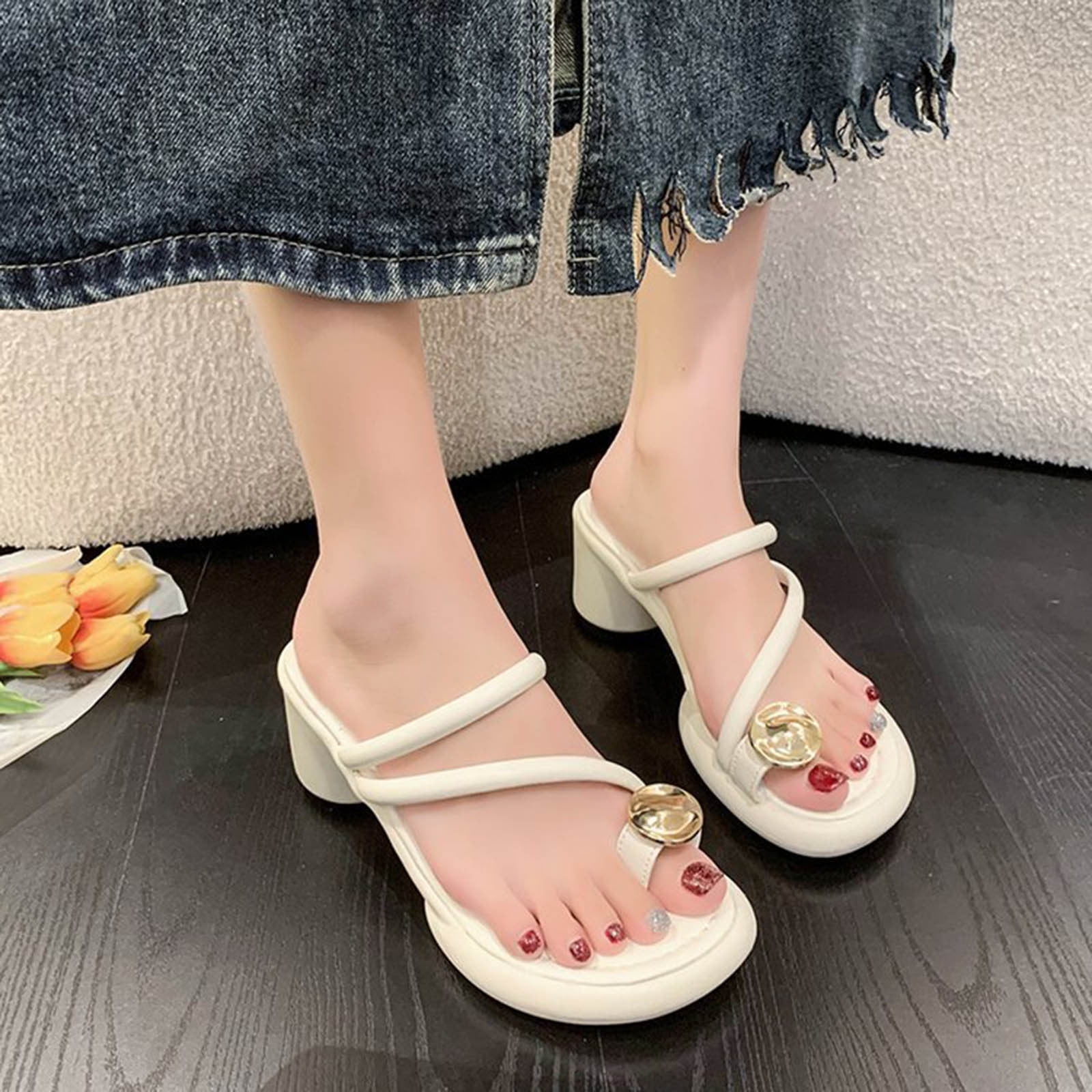 CQONEPT Chunky Heeled Slide Sandals for Women - Low Block Heels Sandals ...