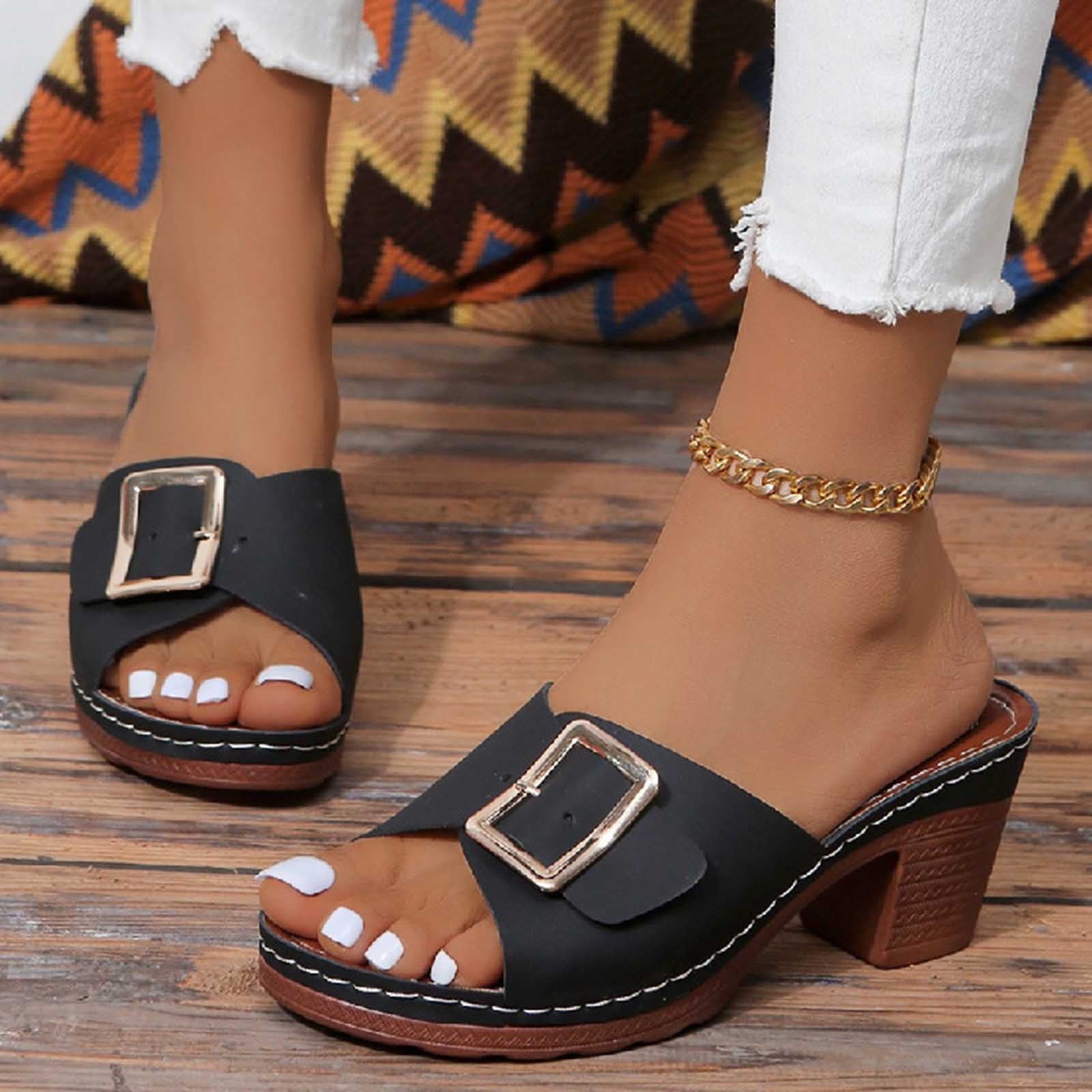CQONEPT Chunky Heeled Slide Sandals for Women - Low Block Heels Sandals ...