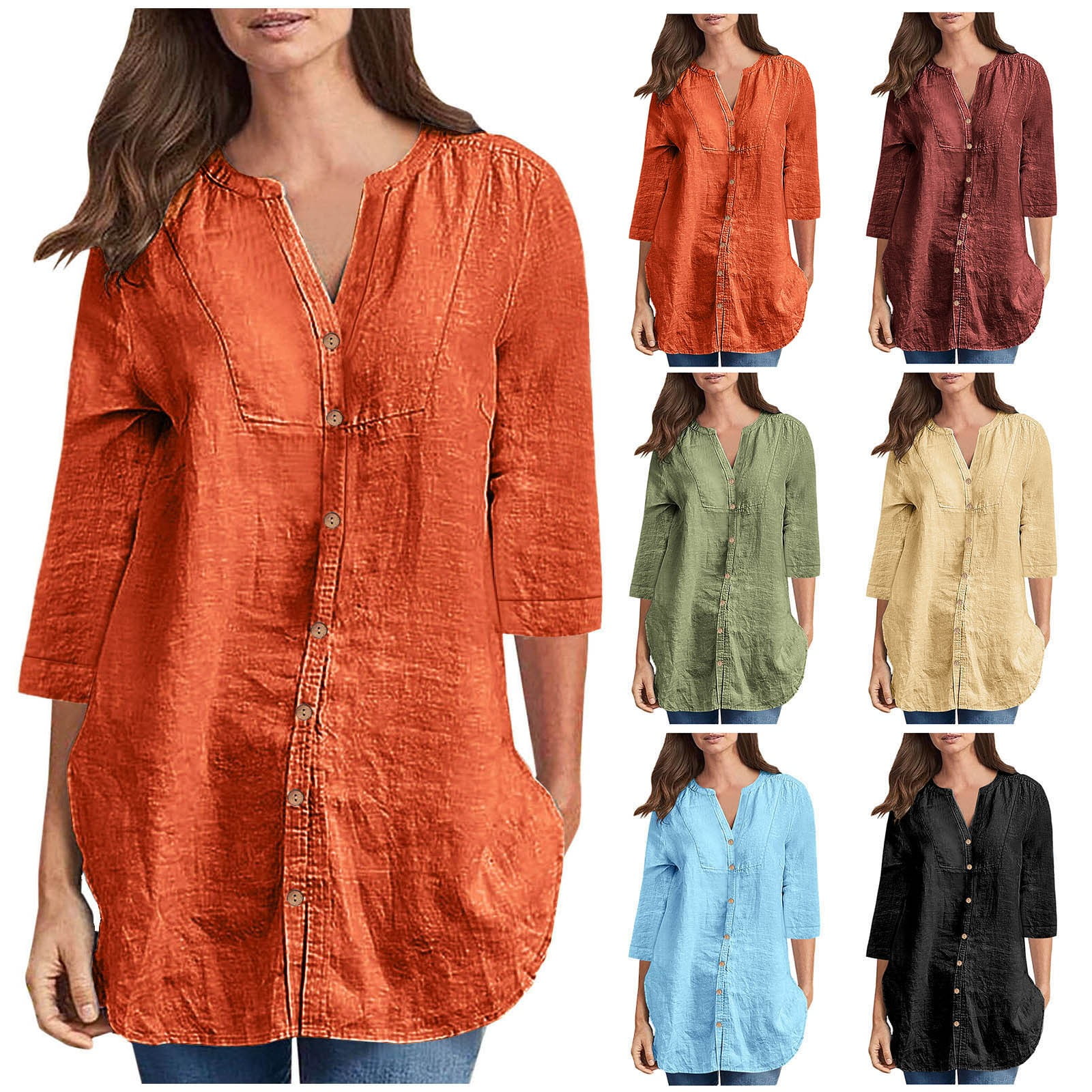 CQONEPT Clearance Cotton Linen Shirts for Women 3/4 Sleeve Tops Loose Fit Comfy Button Down V ...