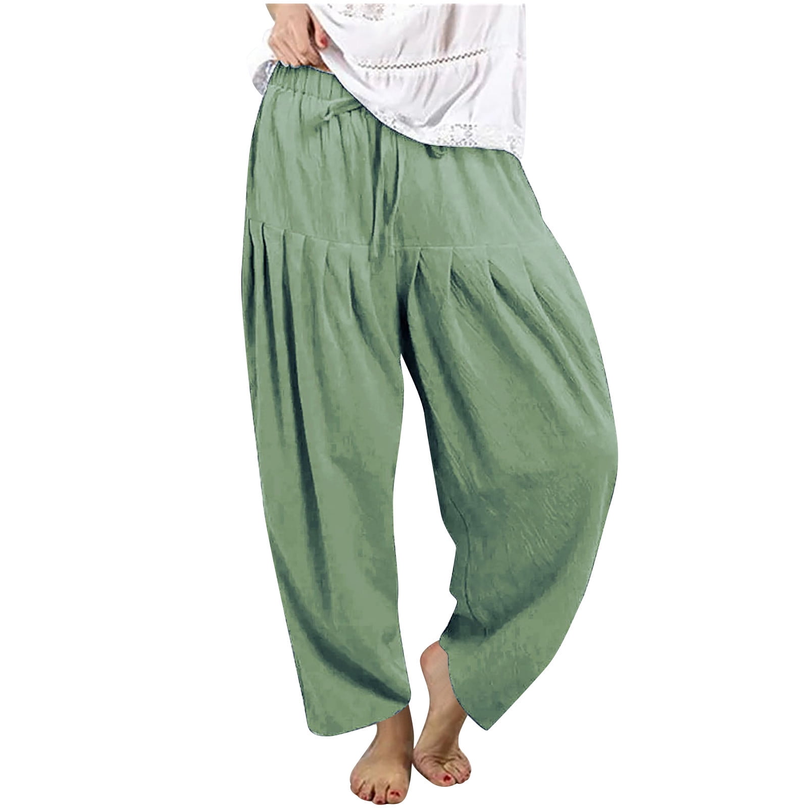 CQONEPT Clearance Plus Size Pants for Women Drawstring Cotton Linen ...