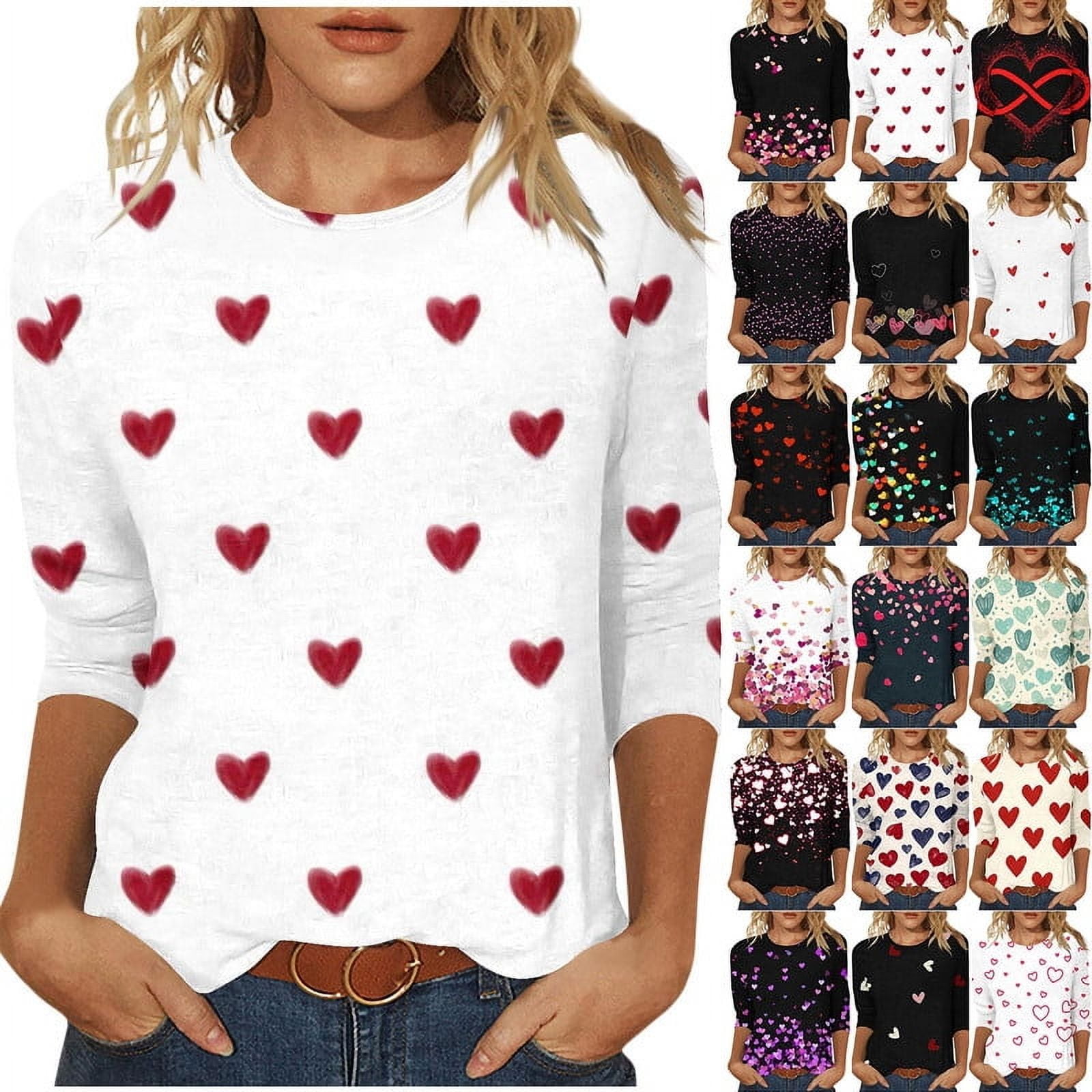 CQONEPT Clearance Plus Size Valentines Day Tops for Women Fashion 3/4 Sleeve Crewneck Tunic T ...