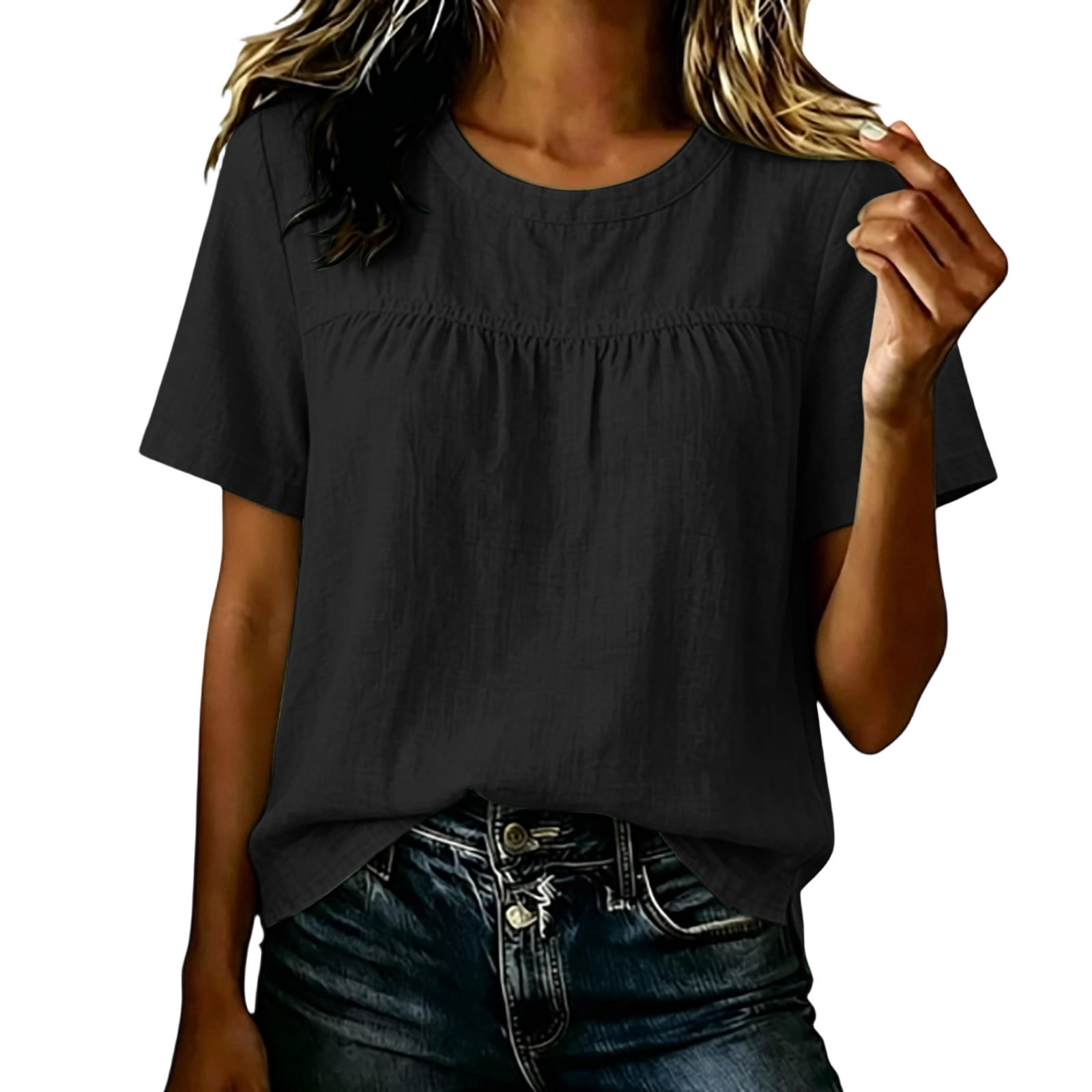 CQONEPT Cotton Linen Tops for Women Short Sleeve Summer Blouse Loose ...