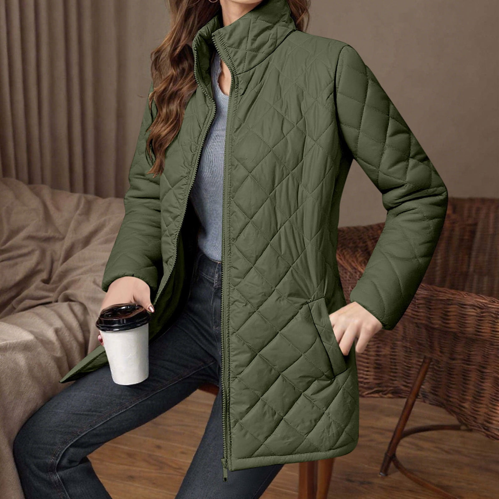 CQONEPT Cotton Overcoat for Womens Puffer Quilted Lapel Neck Jacket ...
